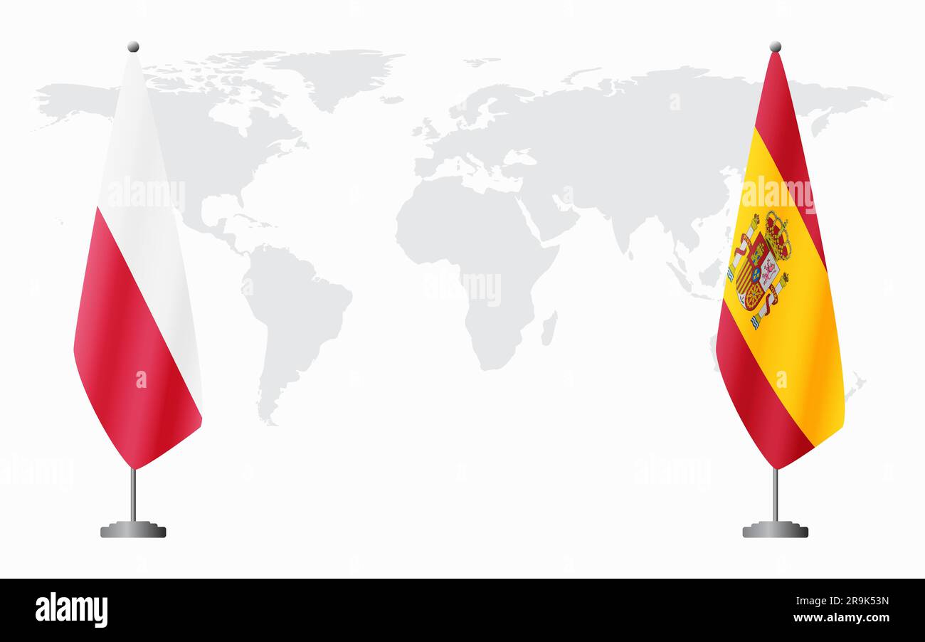 Poland and Spain flags for official meeting against background of world ...