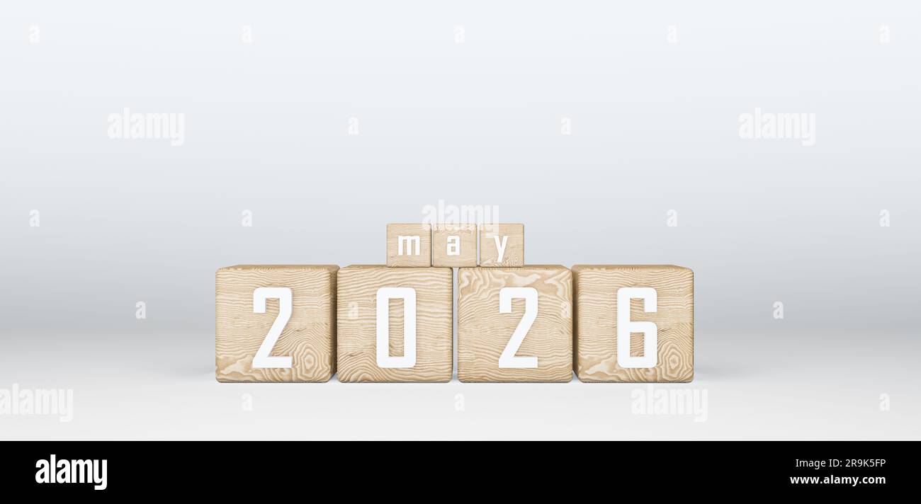 Wooden Cubes 2026, Cubes with text May 2026. 3D work and 3D image Stock ...