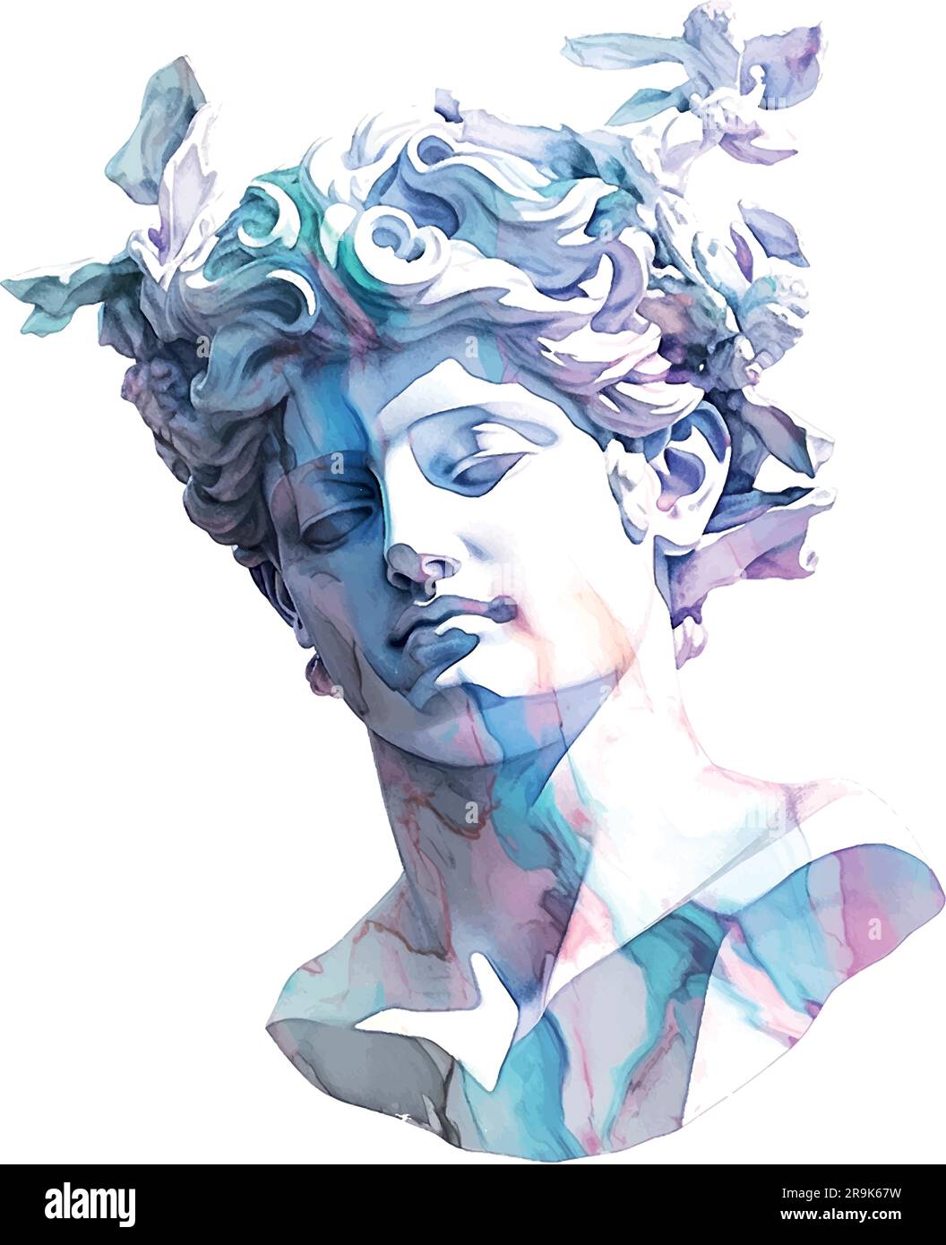 Contemporary art with antique statue head watercolor illustration. Work ...
