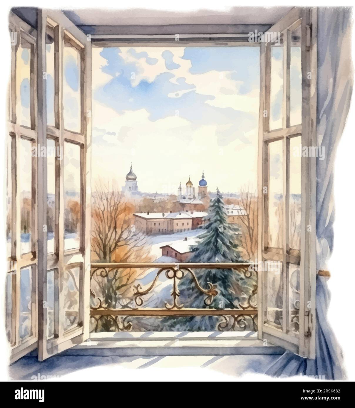 Beautiful sketch with view window Russia watercolor. Modern vector art ...