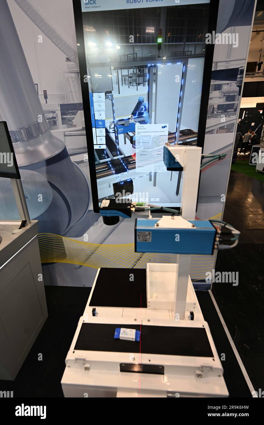 Munich, Germany. 27th June, 2023. Setups at SICK's booth can be seen at ...