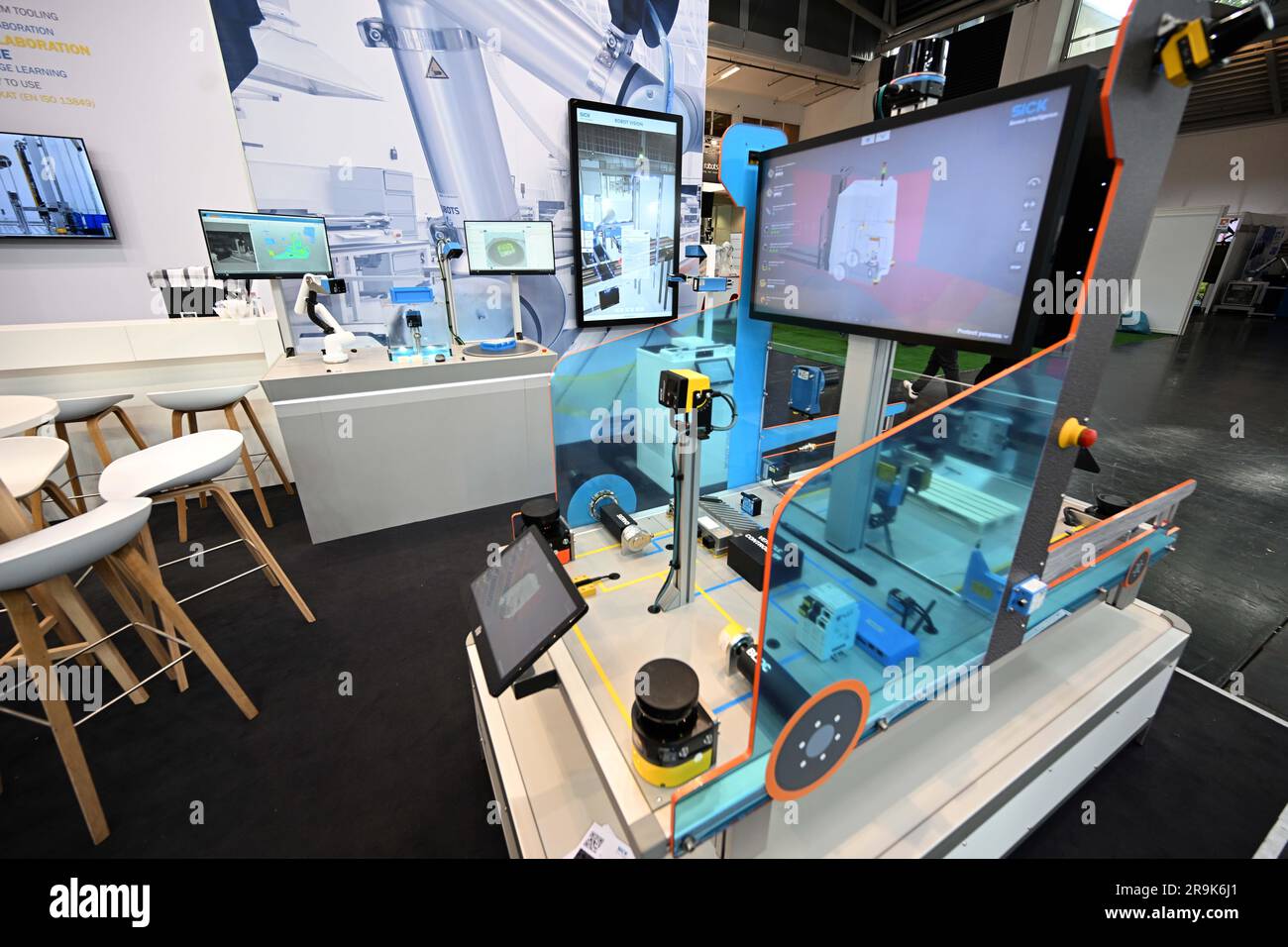 Munich, Germany. 27th June, 2023. Setups at SICK's booth can be seen at ...