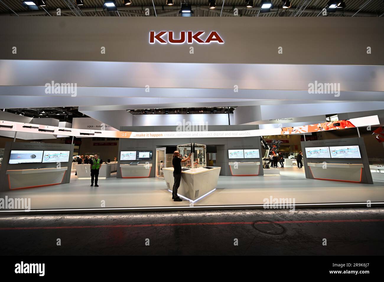 Munich, Germany. 27th June, 2023. KUKA's booth can be seen at ...
