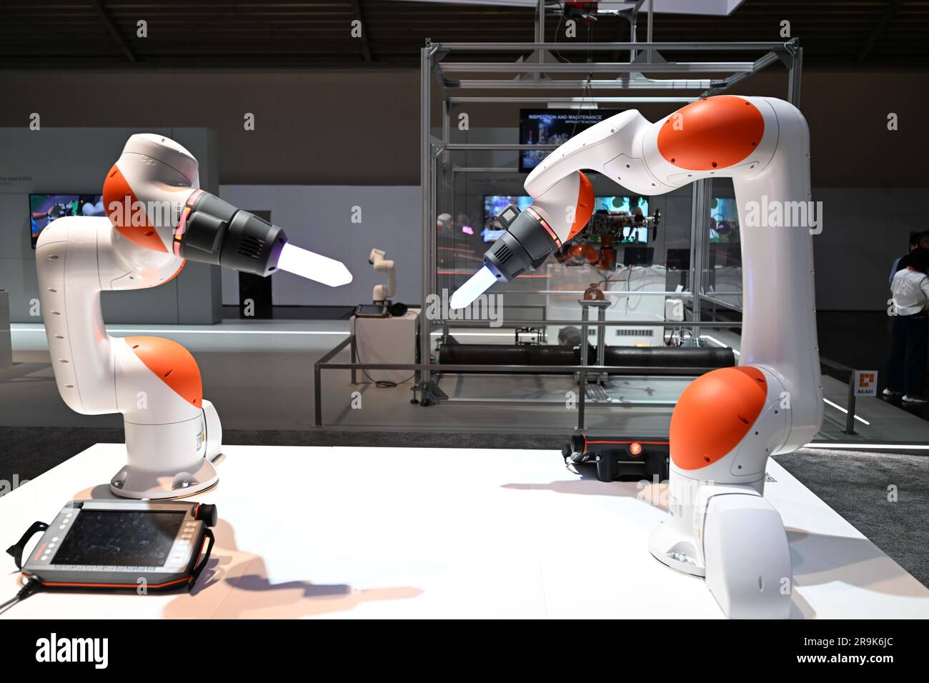 Munich, Germany. 27th June, 2023. Robot arms from KUKA can be seen at ...