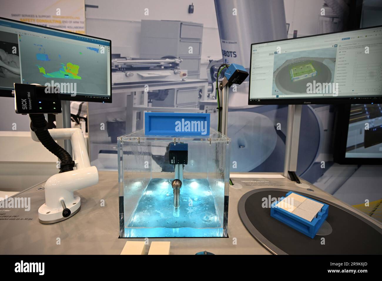 Munich, Germany. 27th June, 2023. Setups at SICK's booth can be seen at ...