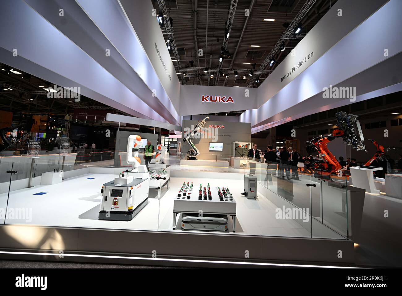 Munich, Germany. 27th June, 2023. KUKA's booth can be seen at Automatica 2023 in a hall at Messe ...
