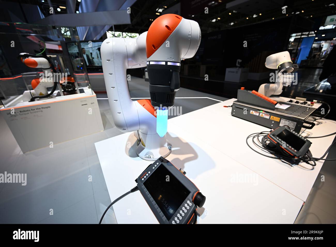 Munich, Germany. 27th June, 2023. A robot arm from the KUKA company is ...