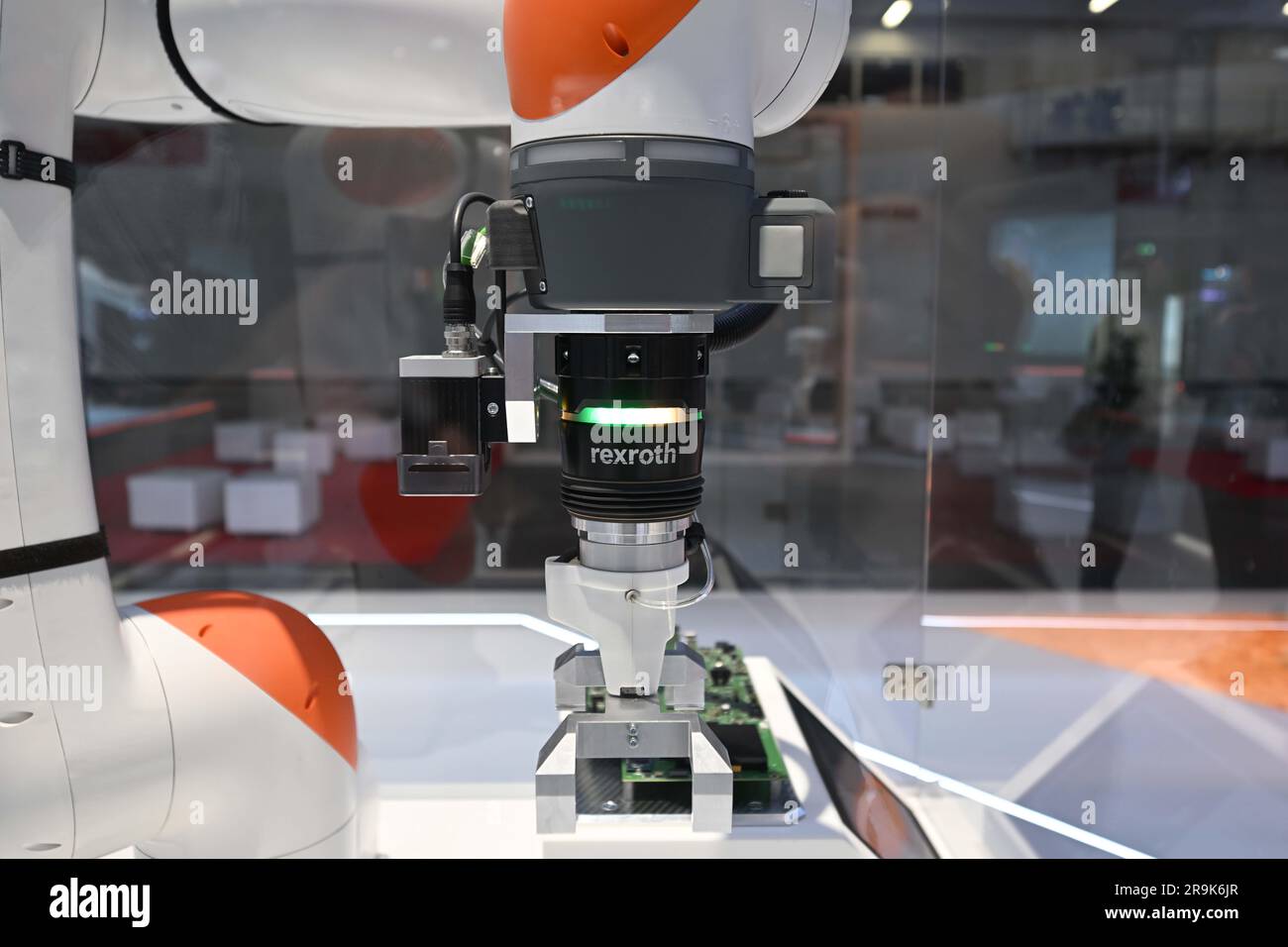 Munich, Germany. 27th June, 2023. A robot arm from the KUKA company is ...