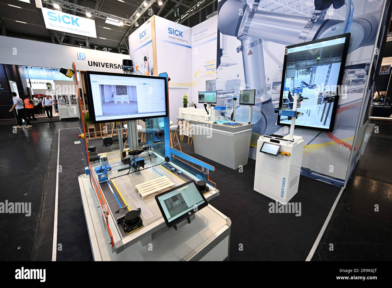 Munich, Germany. 27th June, 2023. Setups at SICK's booth can be seen at ...