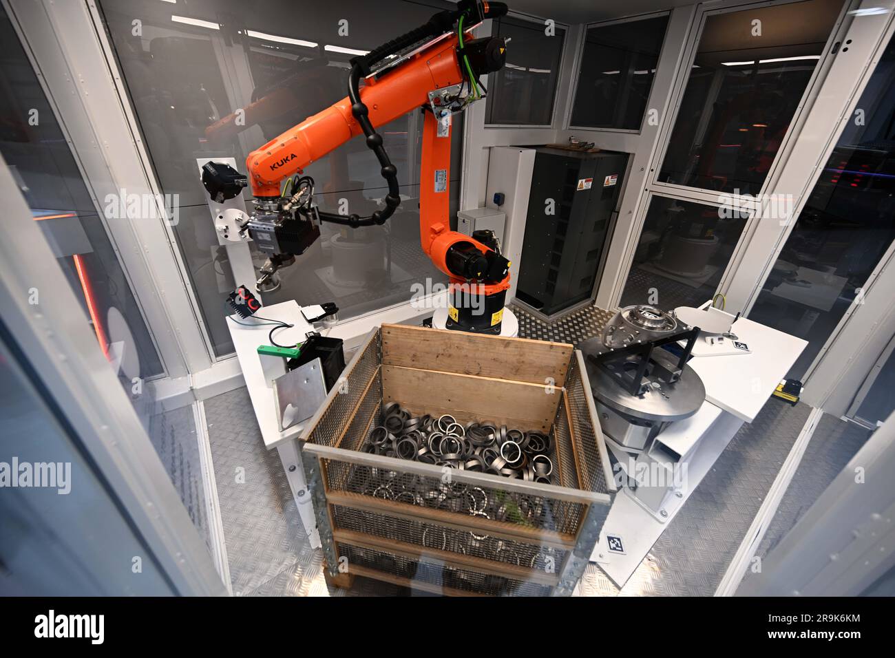 Munich, Germany. 27th June, 2023. A robot arm from the KUKA company is ...