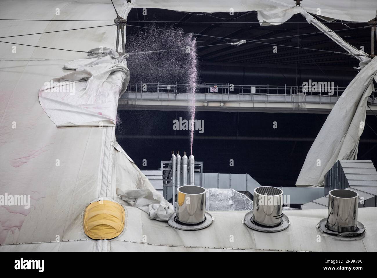 Fireman attend the scene at O2 Arena where the tarpaulin ripped due to ...