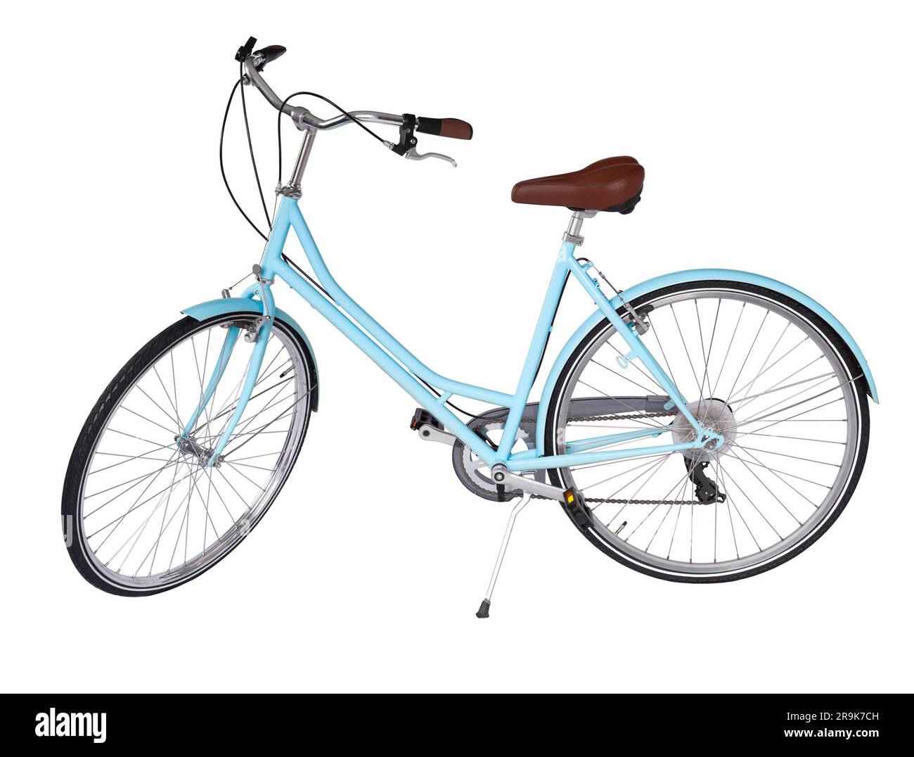Blue retro bicycle with brown saddle and handles, generic bike side ...