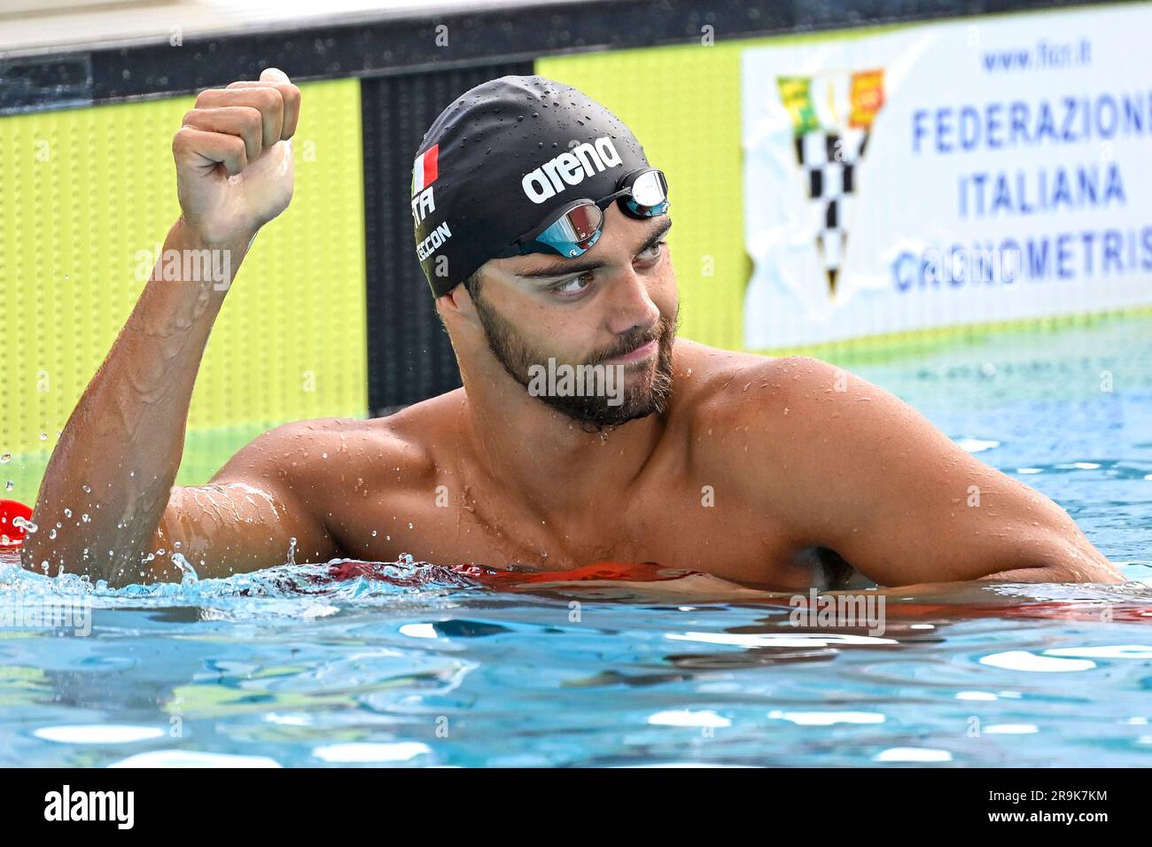 Thomas Ceccon of Italy celebrates after compete in the 50m Backstroke ...