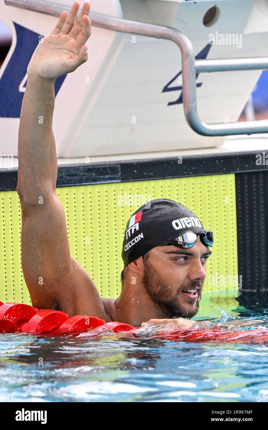 Thomas Ceccon of Italy celebrates after compete in the 50m Backstroke ...