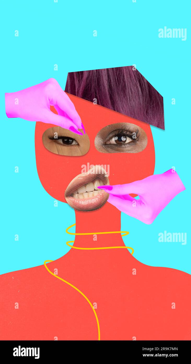 Annoyance. Surreal portrait made of diverse people face parts and ...