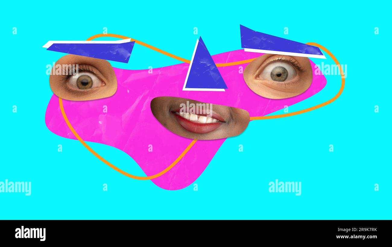 Crazy. Human face, facial expression made of diverse people face parts ...