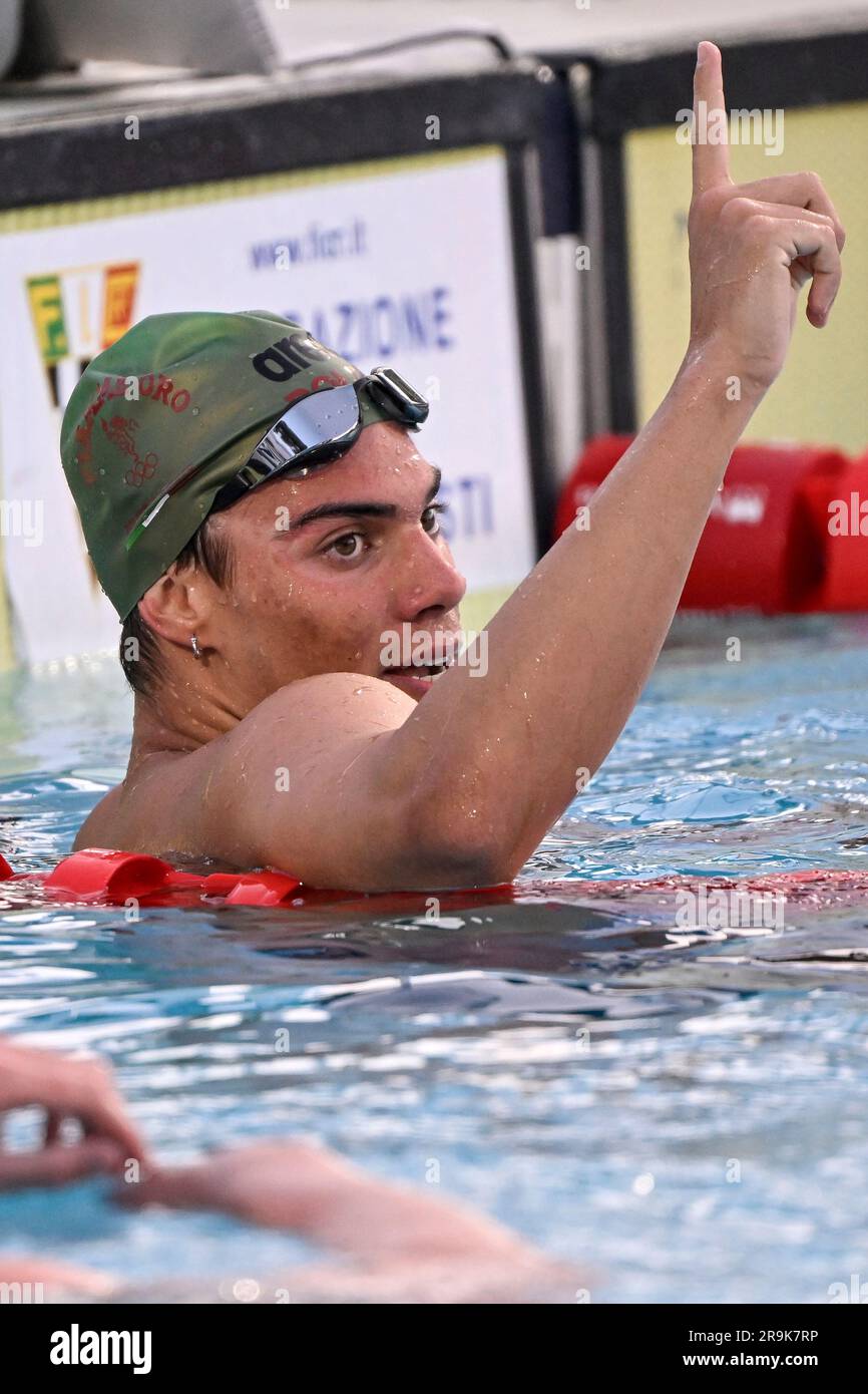 Luca De Tullio of Italy celebrates after compete in the 800m Freestyle ...