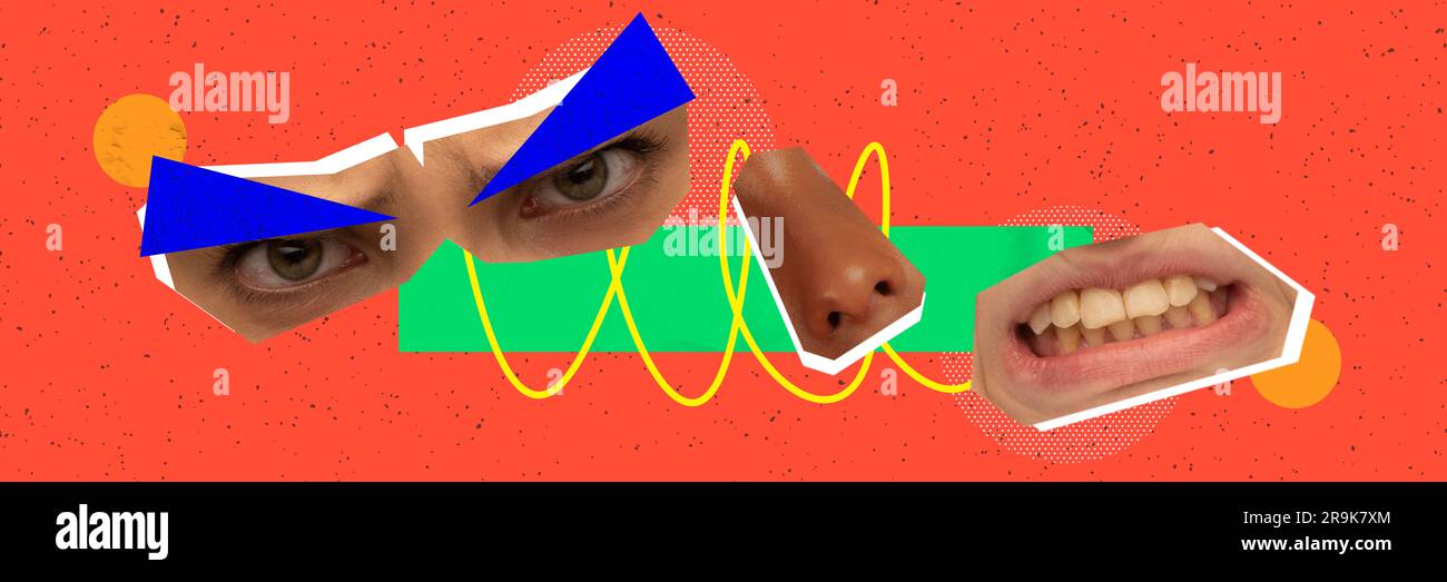 Angry. Human face, facial expression made of diverse people face parts ...