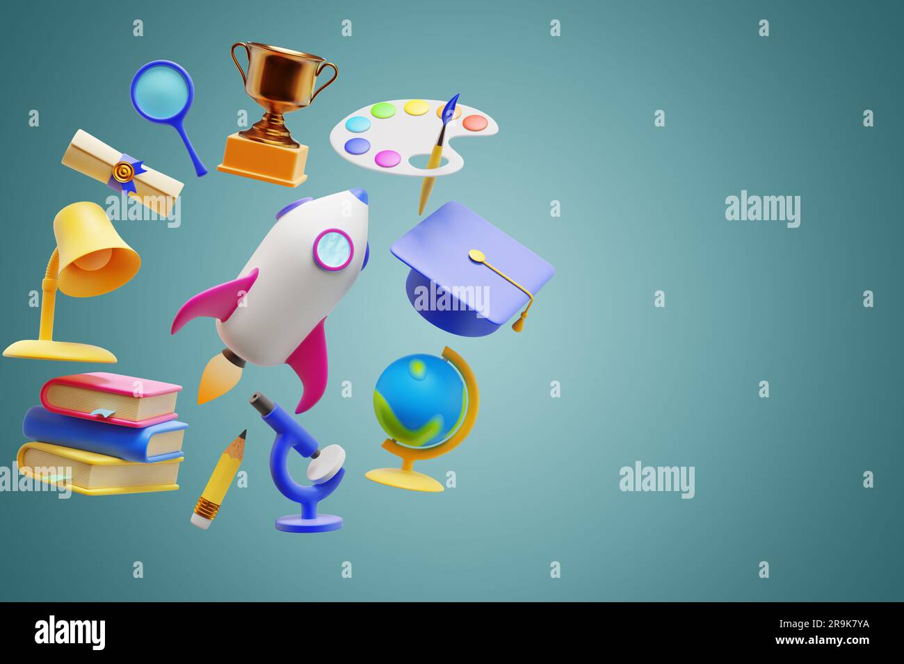 Back to school. Rocket and education learning elements. 3d rendering ...