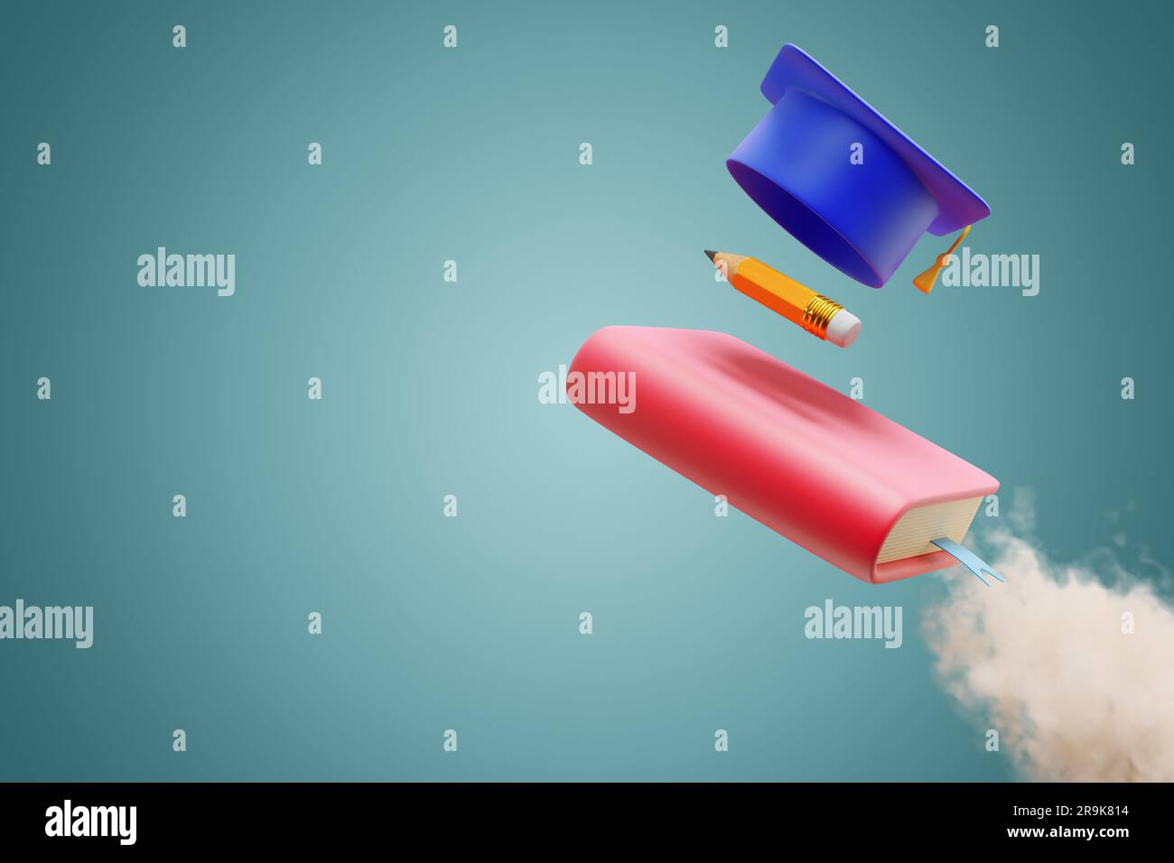 Back to school. Flying academic graduation cap, pencil and book with ...