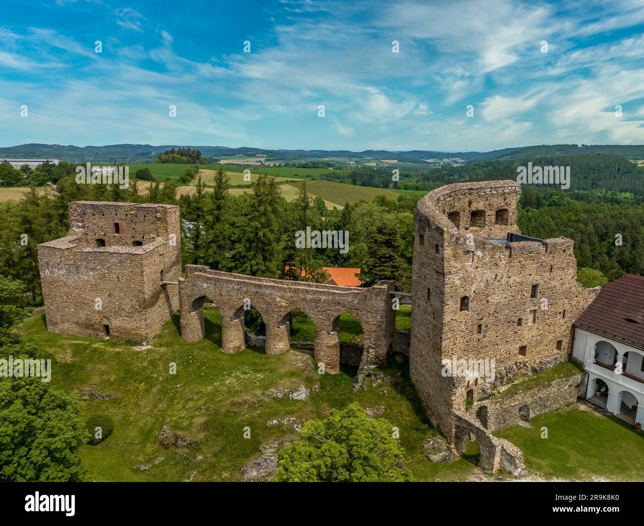 Aerial view of Velhartice castle in Bohemia with two Gothic palaces ...