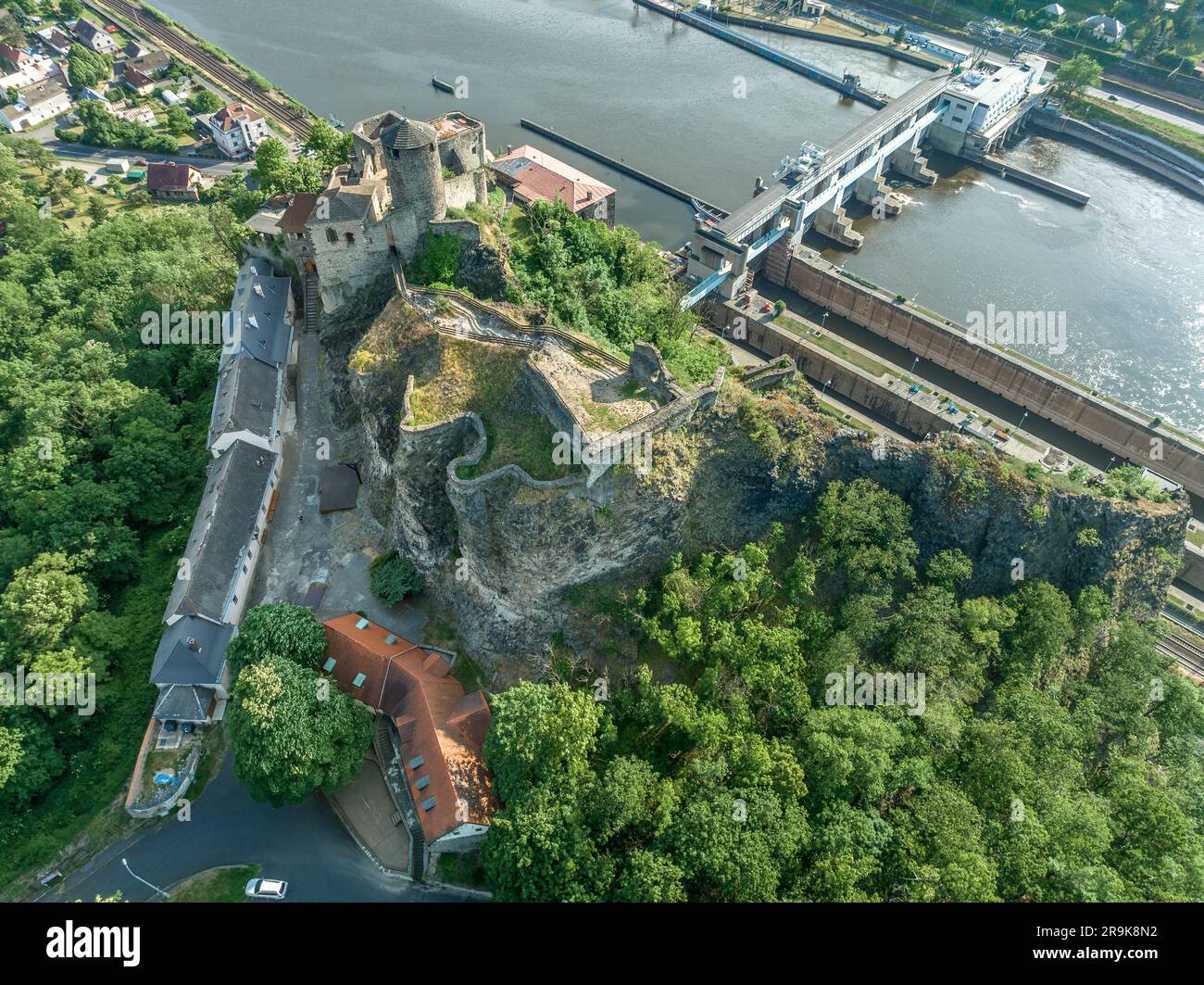 Aerial view of Strekov castle ruin near Usti nad Labem above the Elbe ...
