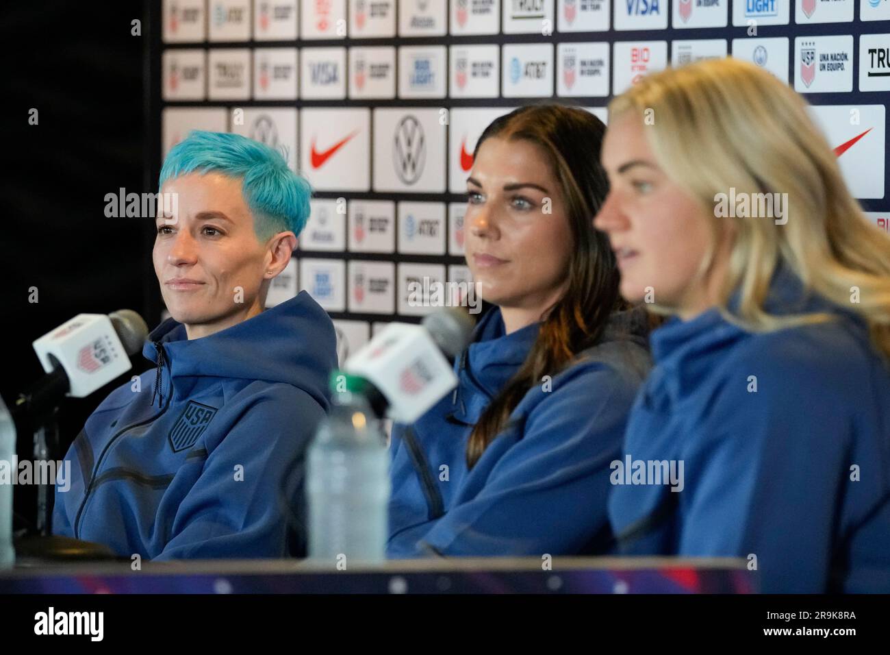 From left, Megan Rapinoe, Alex Morgan, and Lindsey Horan speak to ...