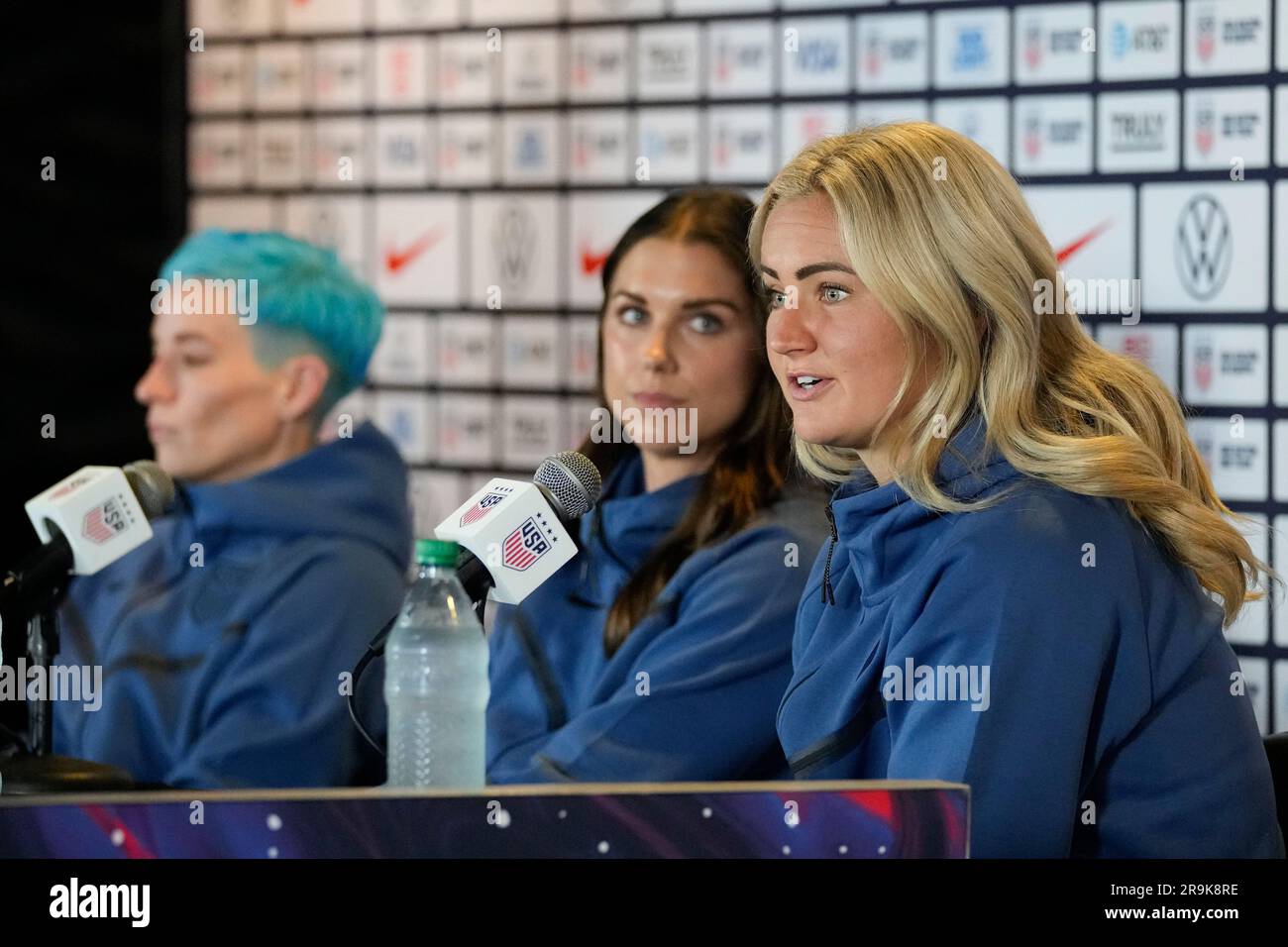 From left, Megan Rapinoe, Alex Morgan, and Lindsey Horan speak to ...
