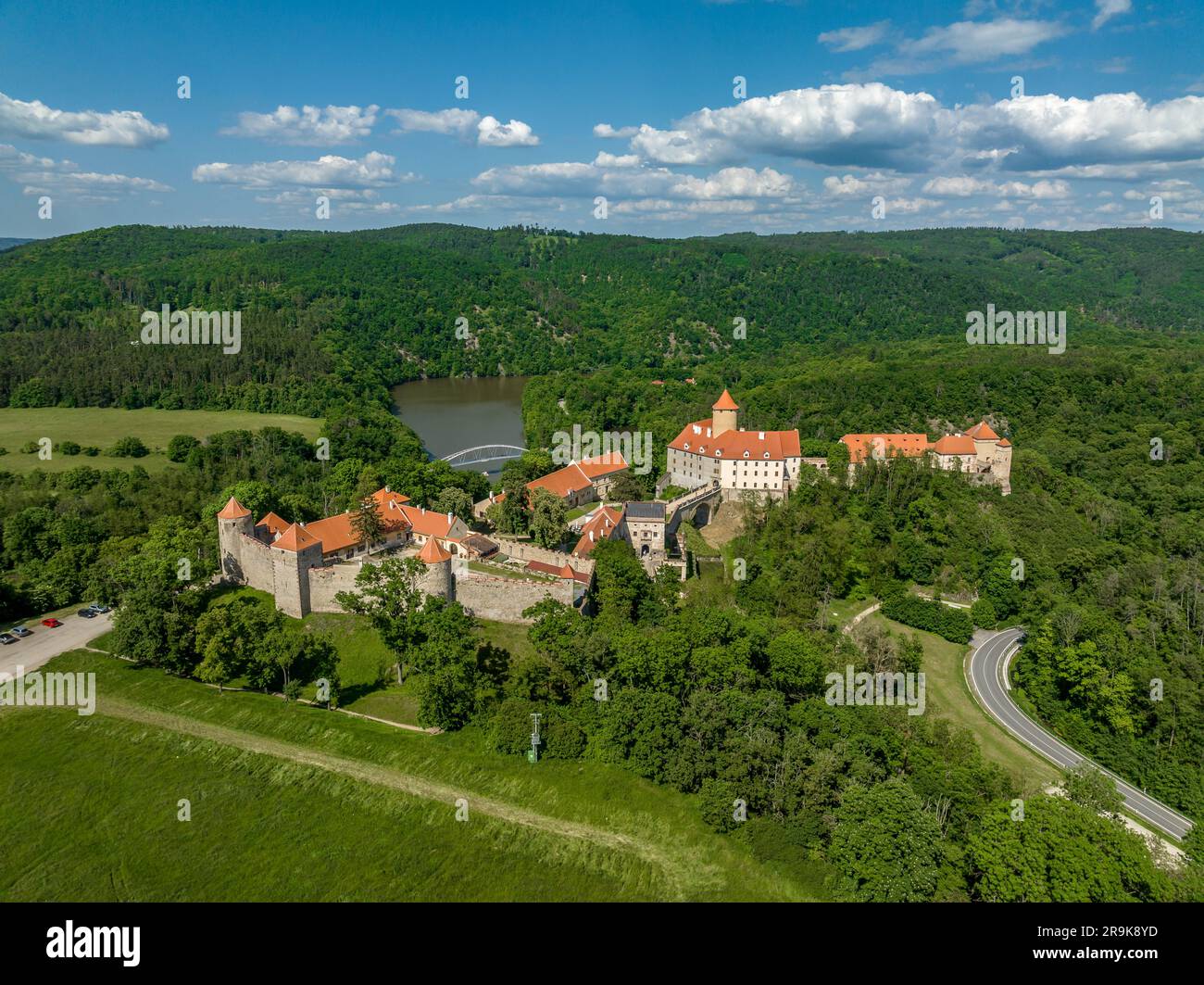Aerial view of Veveri castle in Moravia with large courtyards, multiple ...