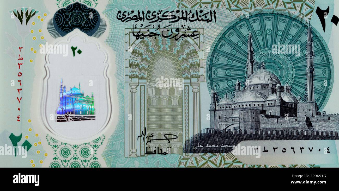 Large fragment of the obverse side of the new Egyptian 20 EGP LE twenty ...