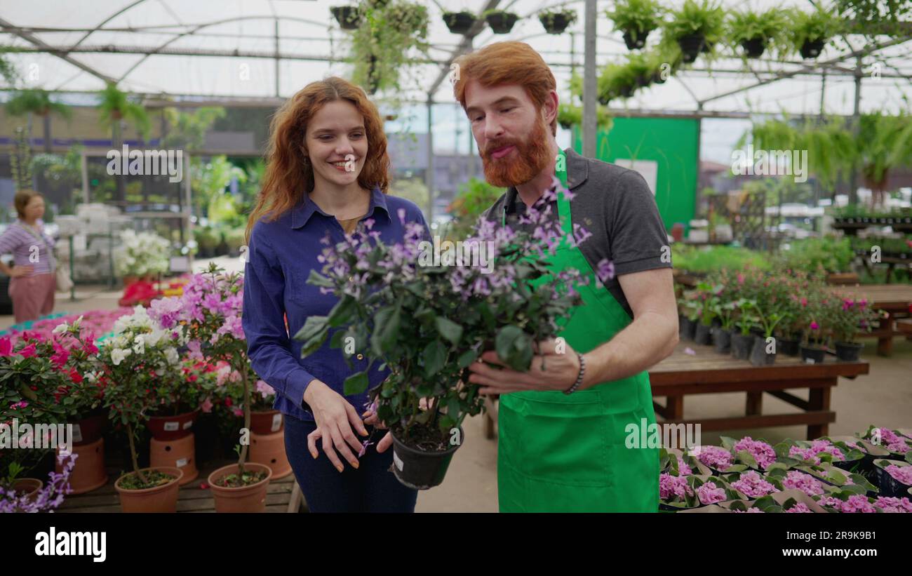 Man helping customer to select plant at Local Business Flower Shop. A ...