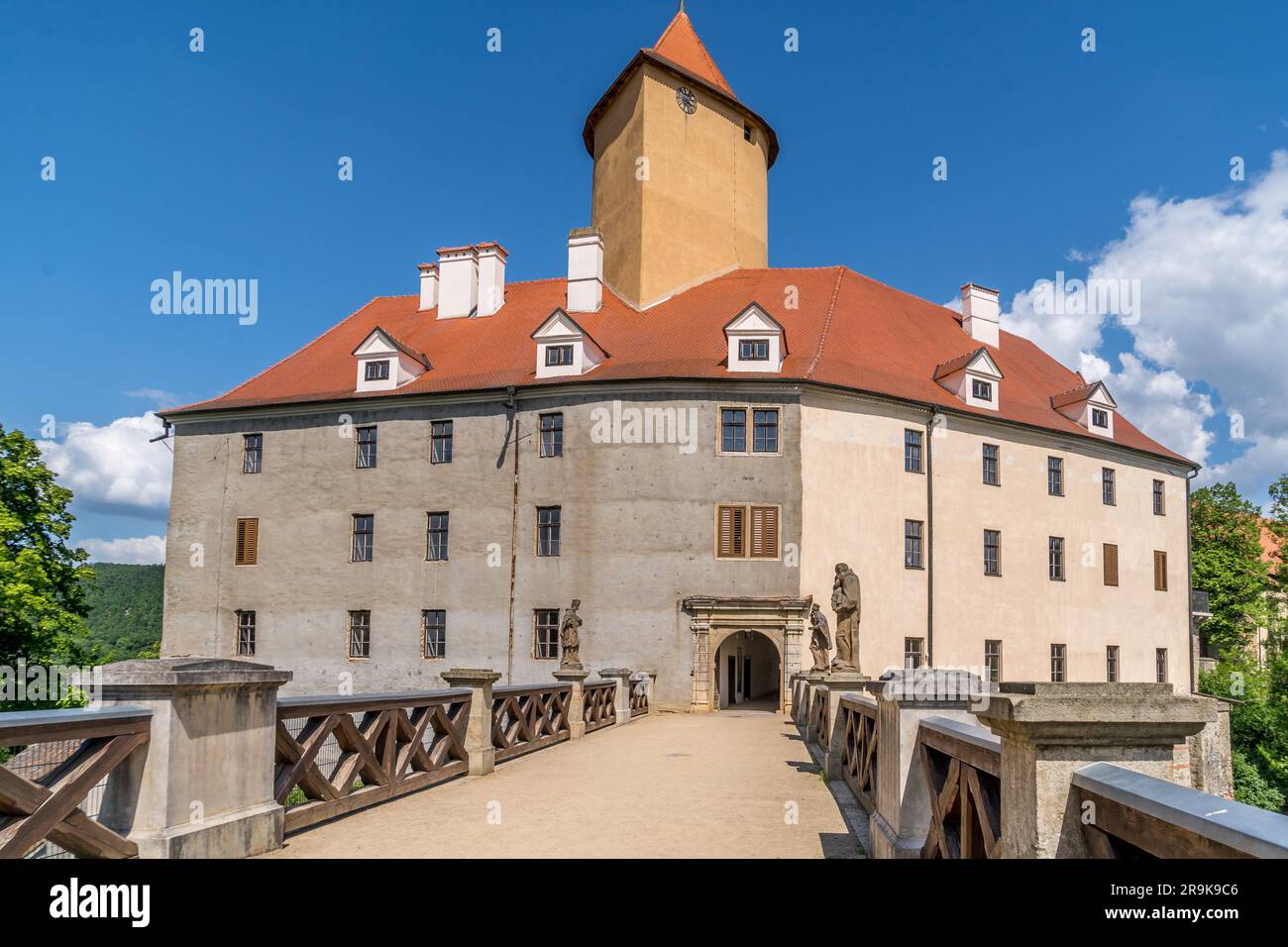 Aerial view of Veveri castle in Moravia with large courtyards, multiple ...