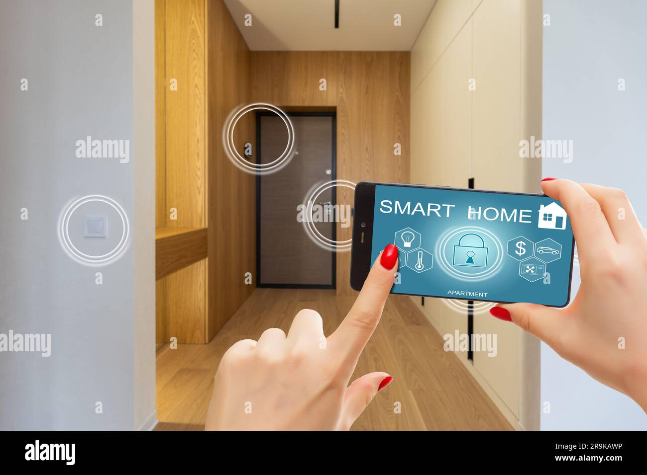 Smart home technology interface on smartphone app screen with augmented ...
