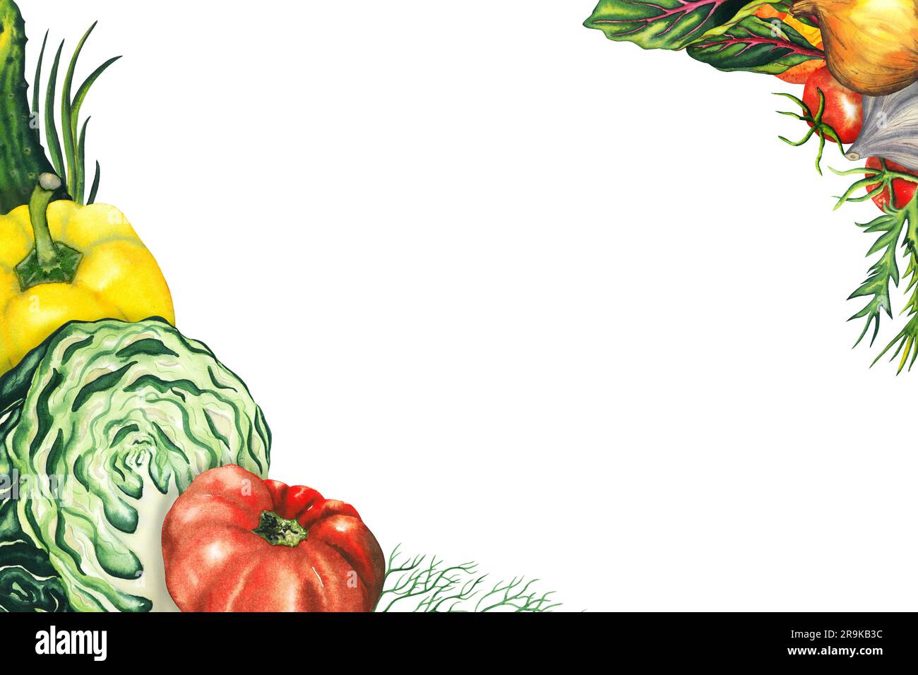 Watercolor vegetables horizontal frame with hand drawn bell paper ...