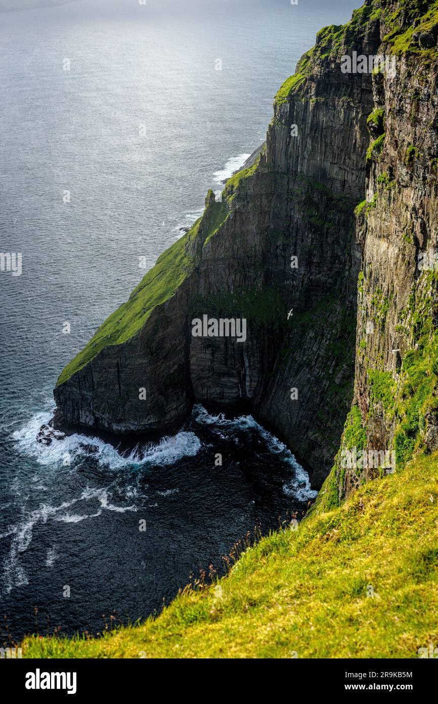Waves crashing on cliffs view from grass covered mountain ridge ...