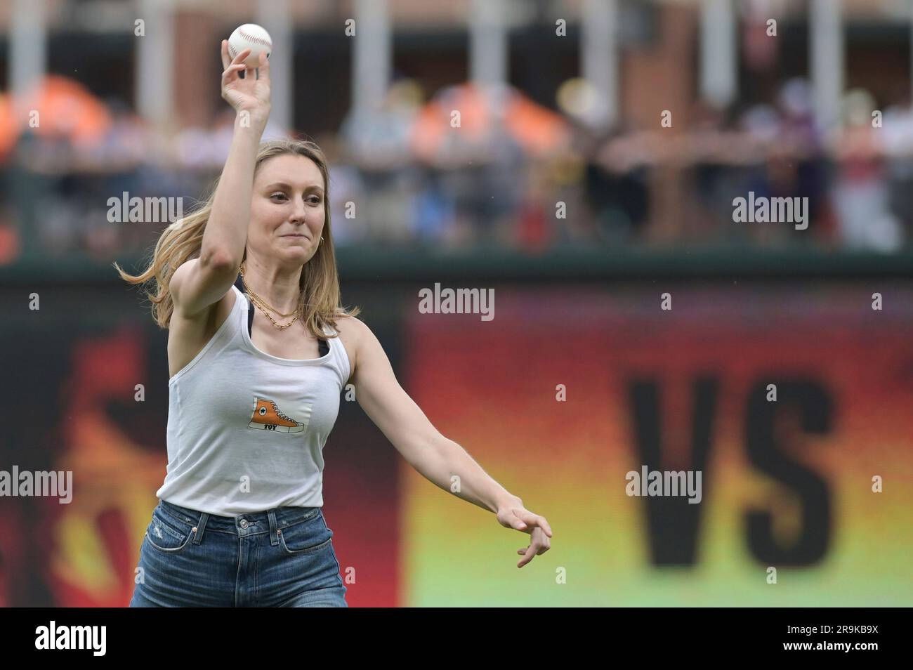 Berol Dewdney, 2023 Maryland Teacher of the year, throws an ceremonial ...