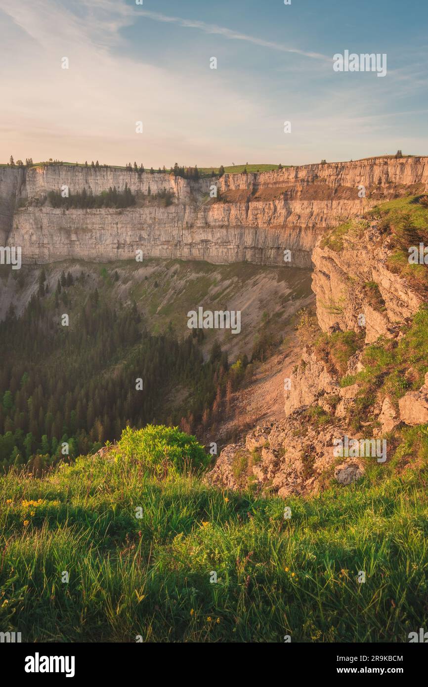 A scenic view of green cliffs at golden hour Stock Photo - Alamy