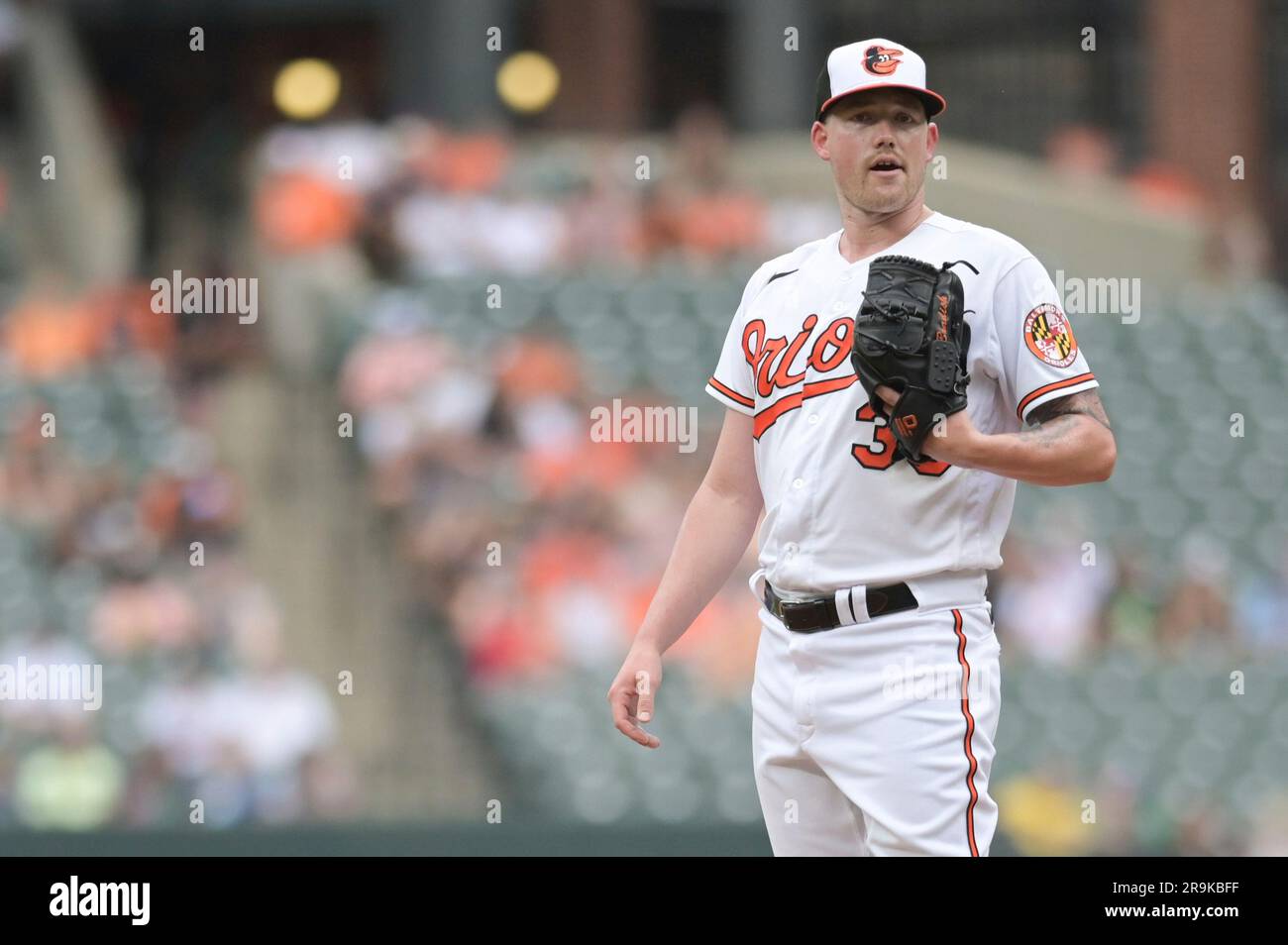 Baltimore Orioles starting pitcher Kyle Bradish stands on the pitcher's ...