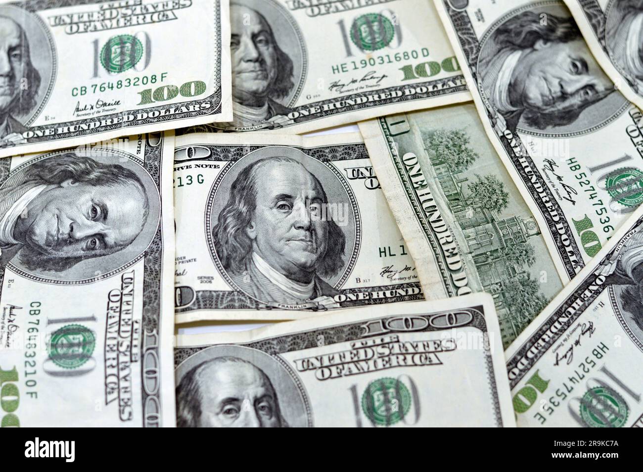 pile of 100 one hundred dollar banknote currency cash money old series with the portrait of ...