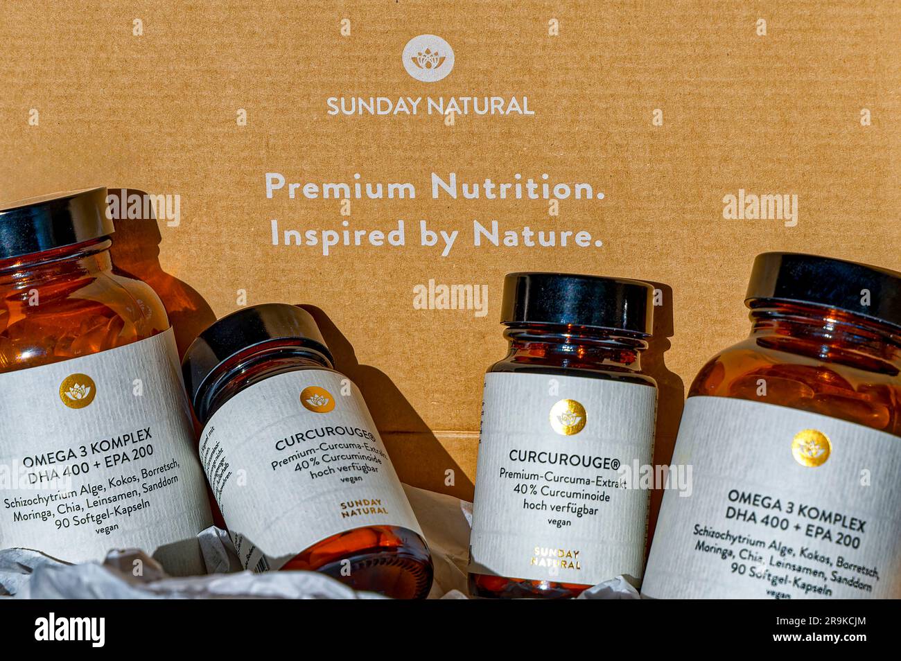 Berlin, Germany - June 27, 2023: Bottles with dietary supplements made ...