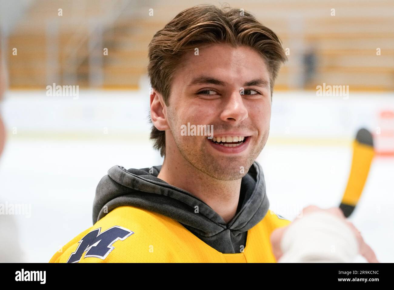NHL draft prospect Adam Fantilli smiles during a youth hockey clinic ...