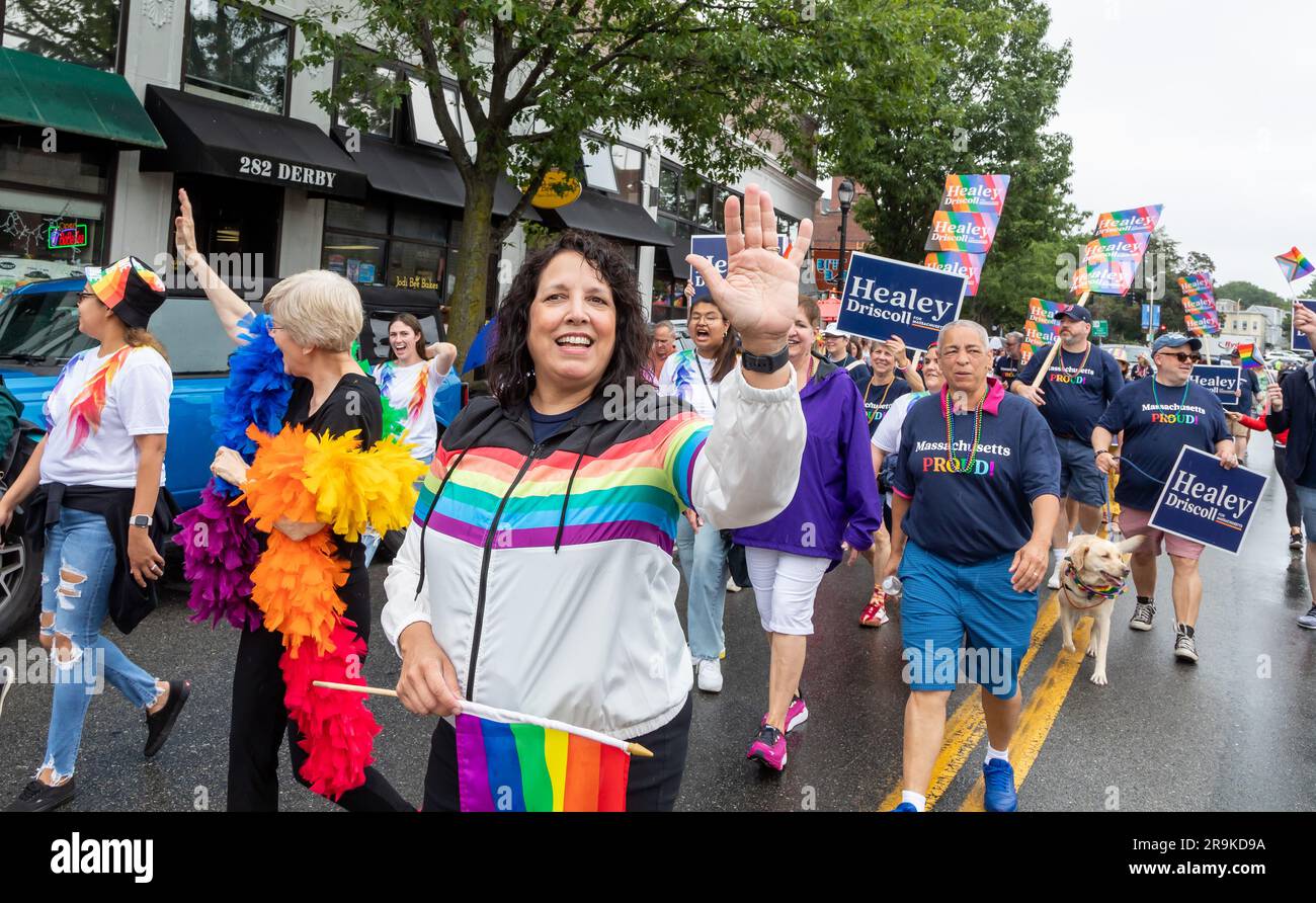 June 24, 2023. Salem, MA. US Senator Elizabeth Warren and Lieutenant ...