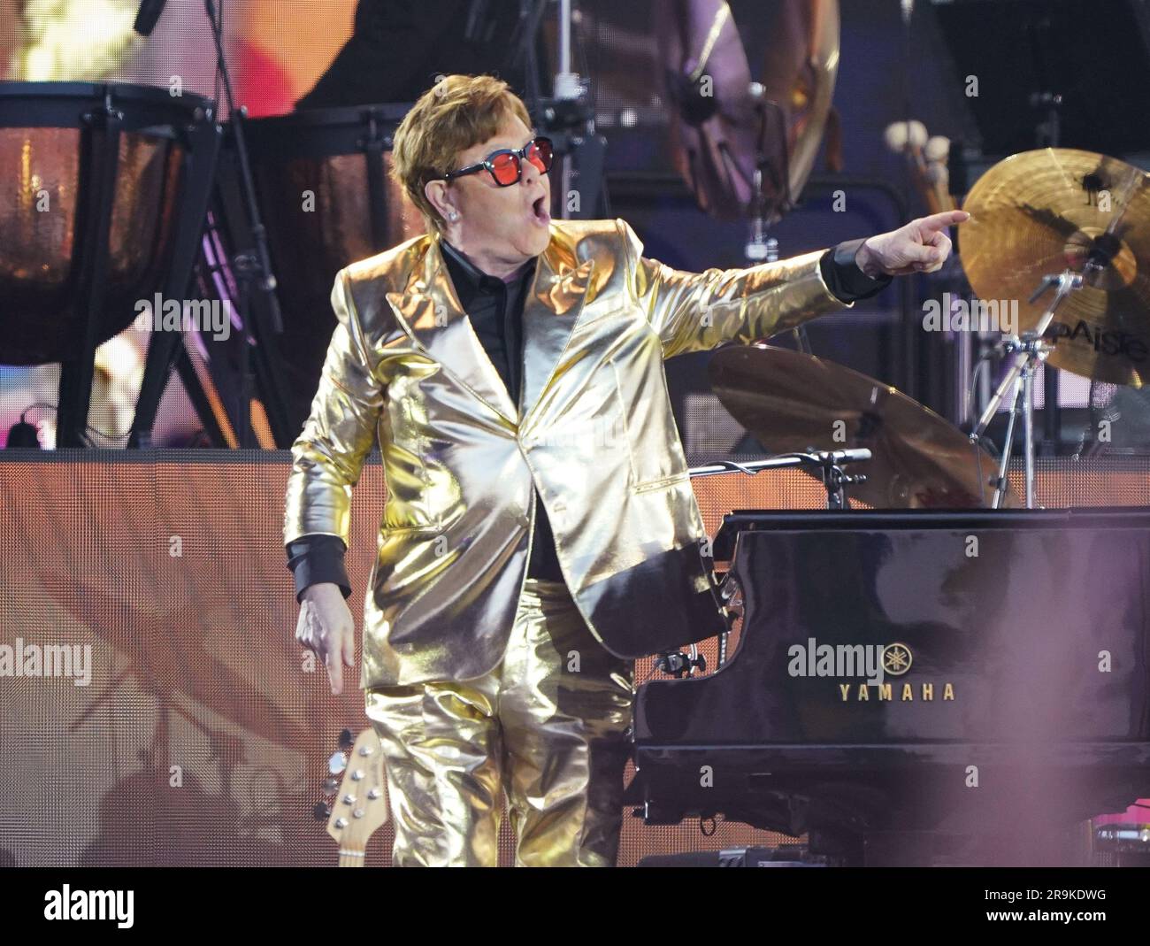 EDITORIAL USE ONLY Sir Elton John performing on the Pyramid Stage at ...