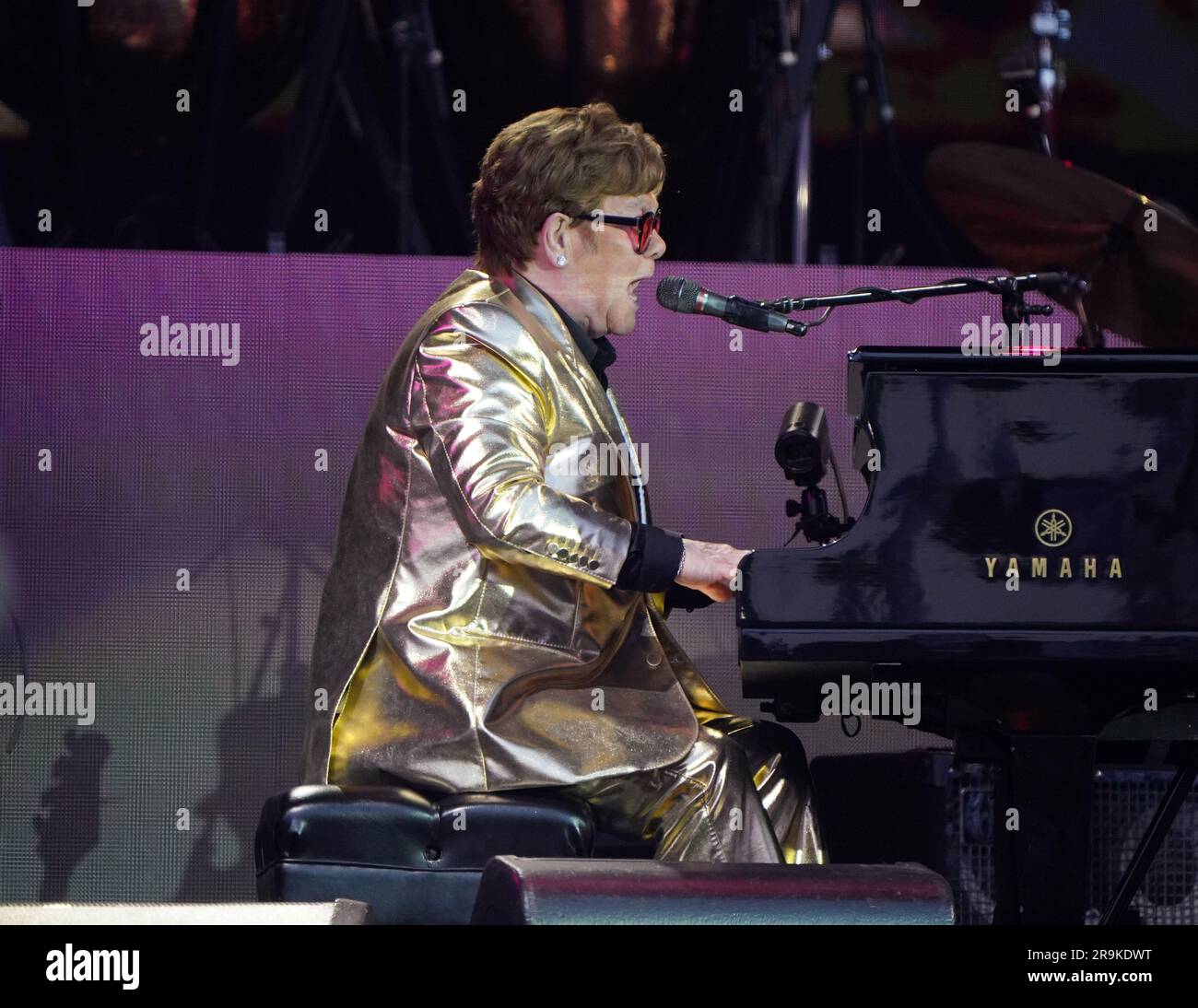 EDITORIAL USE ONLY Sir Elton John performing on the Pyramid Stage at ...
