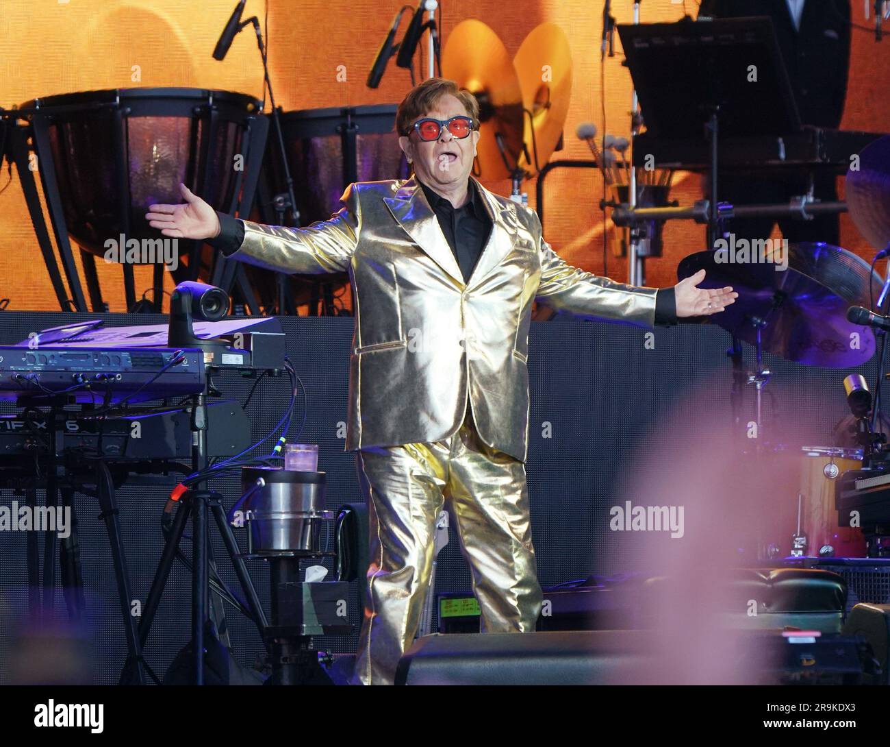 EDITORIAL USE ONLY Sir Elton John performing on the Pyramid Stage at ...