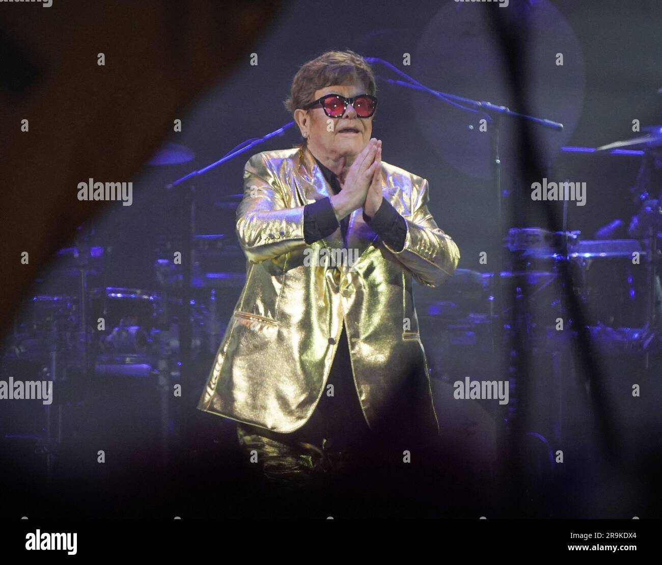 EDITORIAL USE ONLY Sir Elton John performing on the Pyramid Stage at ...