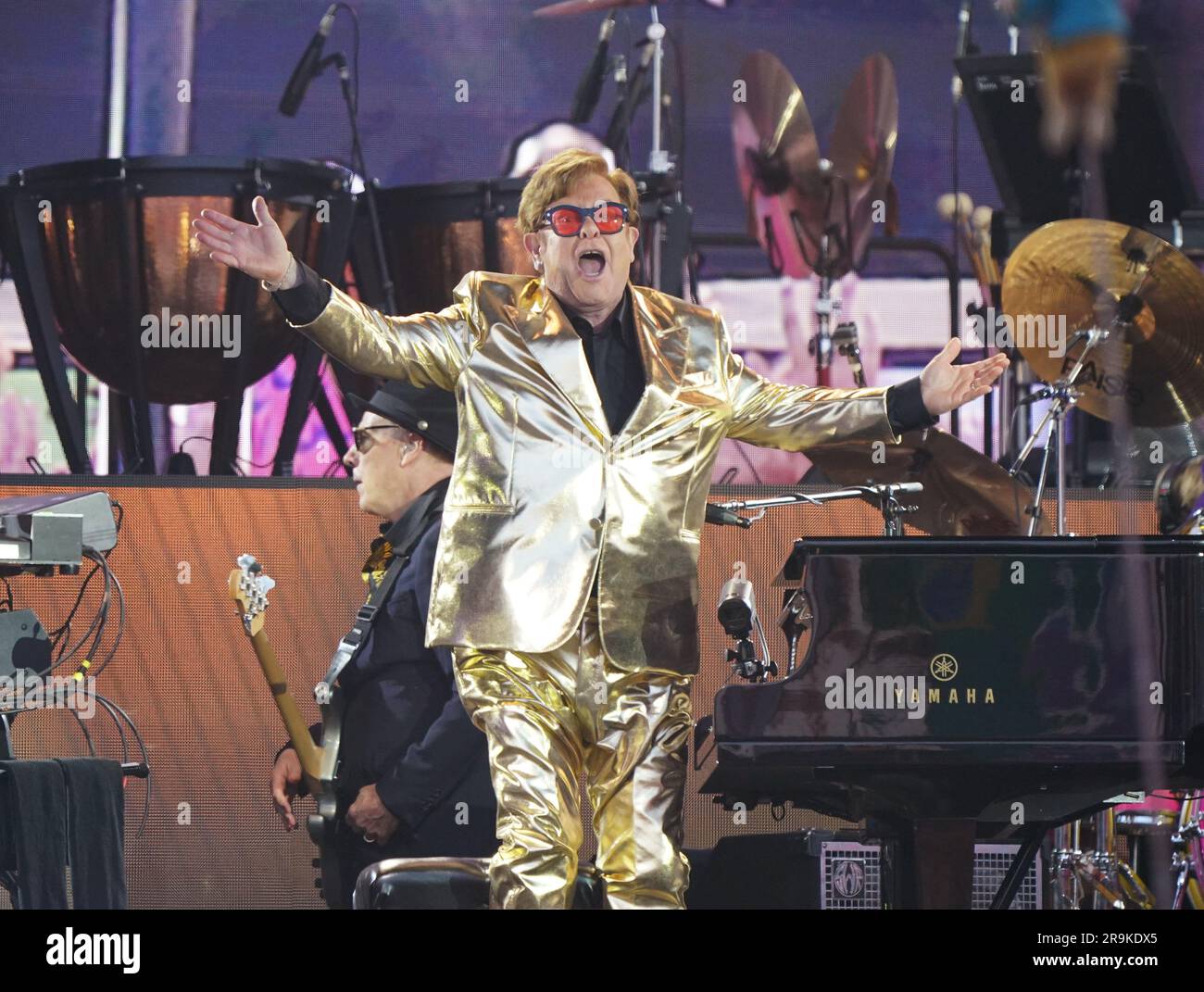 EDITORIAL USE ONLY Sir Elton John performing on the Pyramid Stage at ...