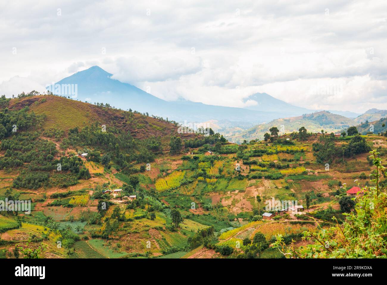 Scenic view of Kisoro township with Mount Muhabura at the background in ...