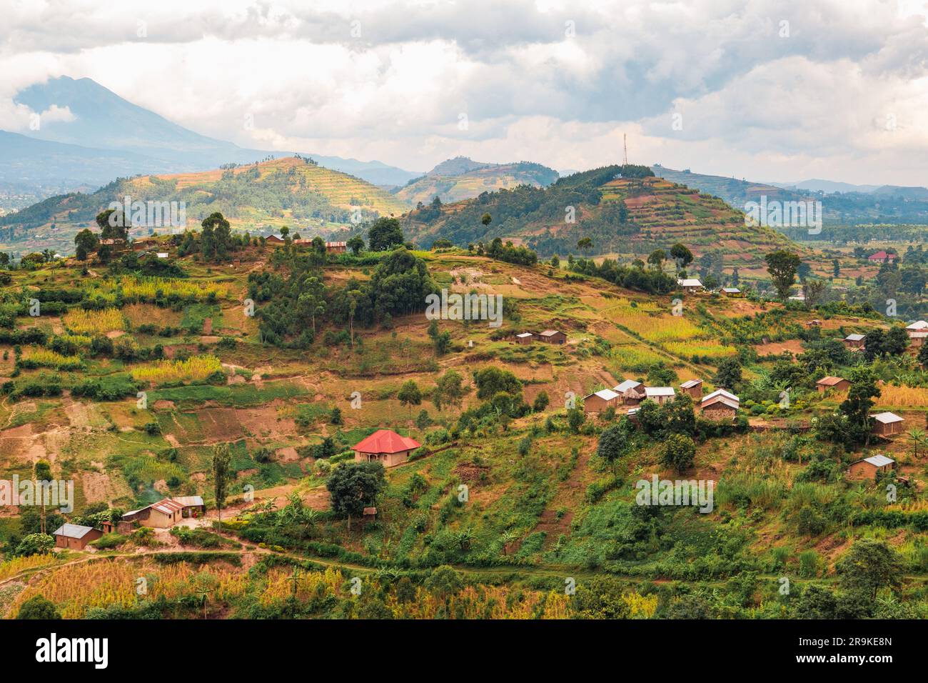 Scenic view of Kisoro township with Mount Muhabura at the background in ...