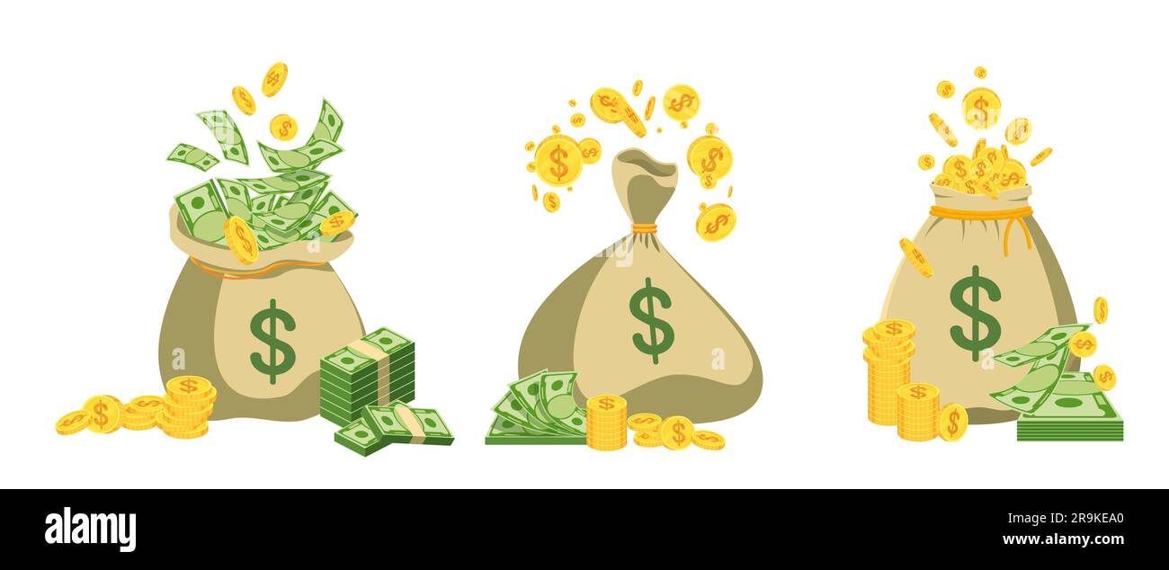 Money bag with money set. Dollar coins and banknotes Stock Vector Image ...